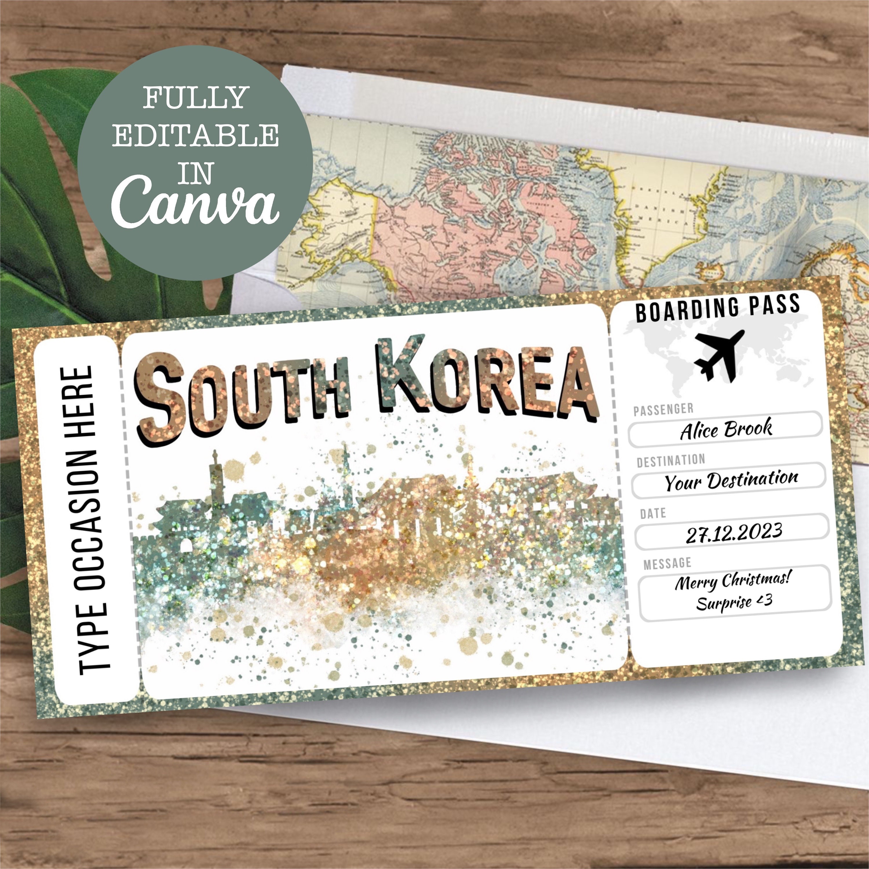 South Korea Boarding Pass Surprise Editable Flight Ticket Gift, South ...