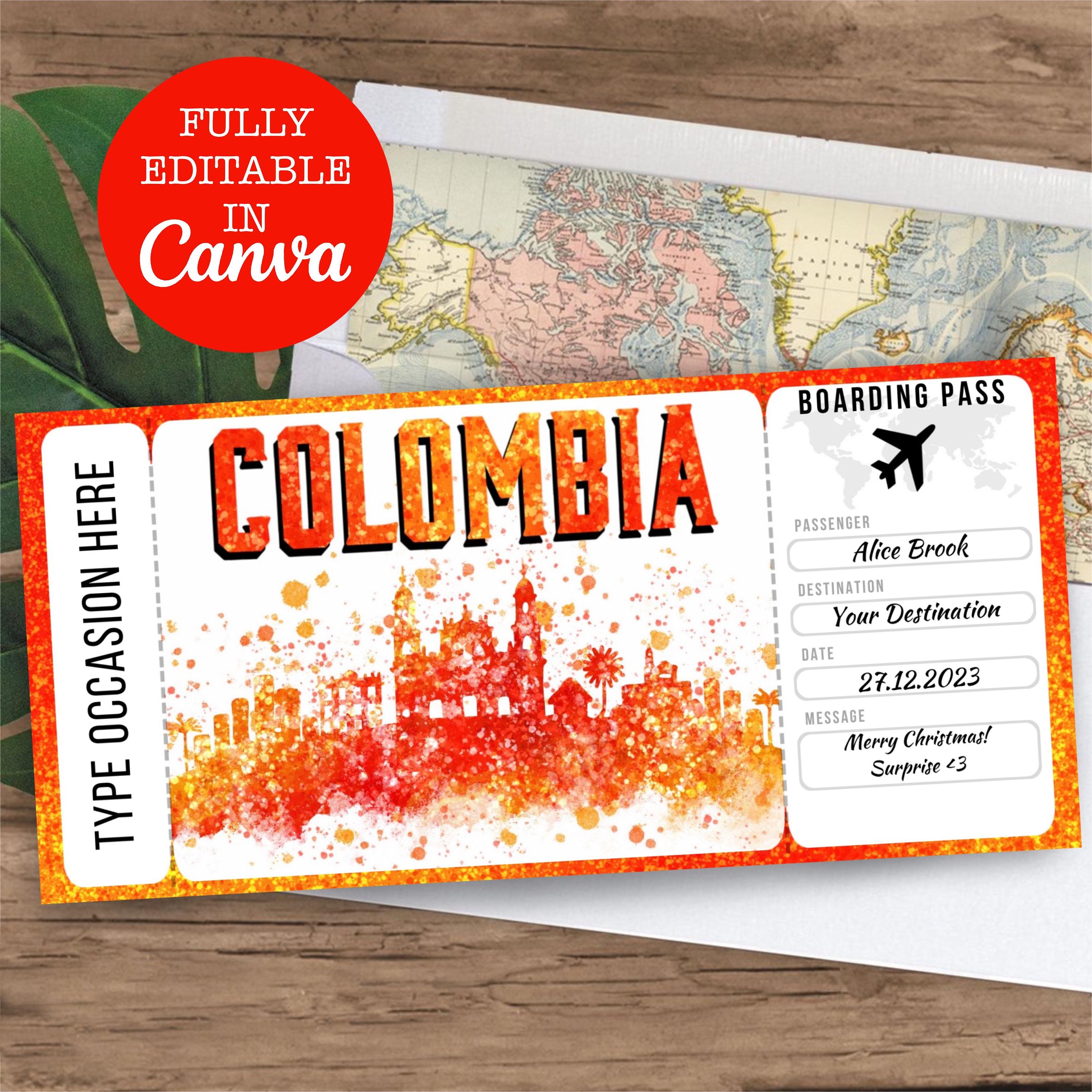 Colombia Boarding Pass Surprise Editable Flight Ticket Gift, Colombia ...