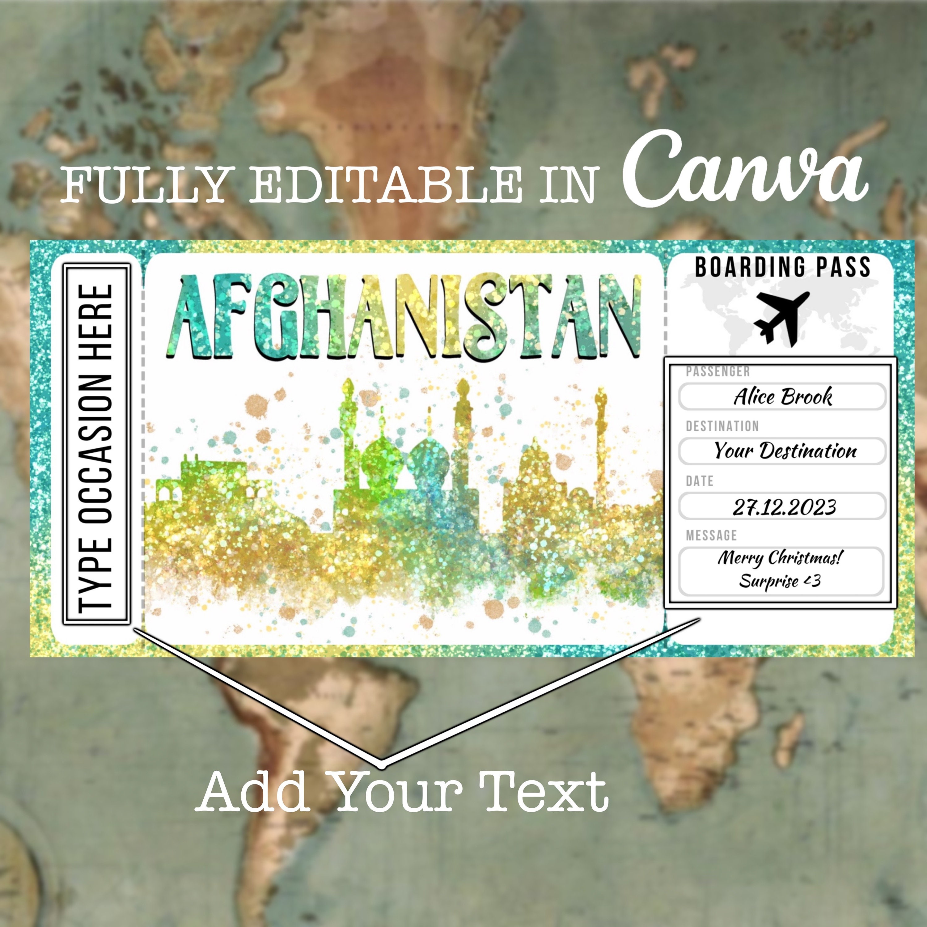 Afghanistan Boarding Pass Surprise Editable Flight Ticket - Etsy