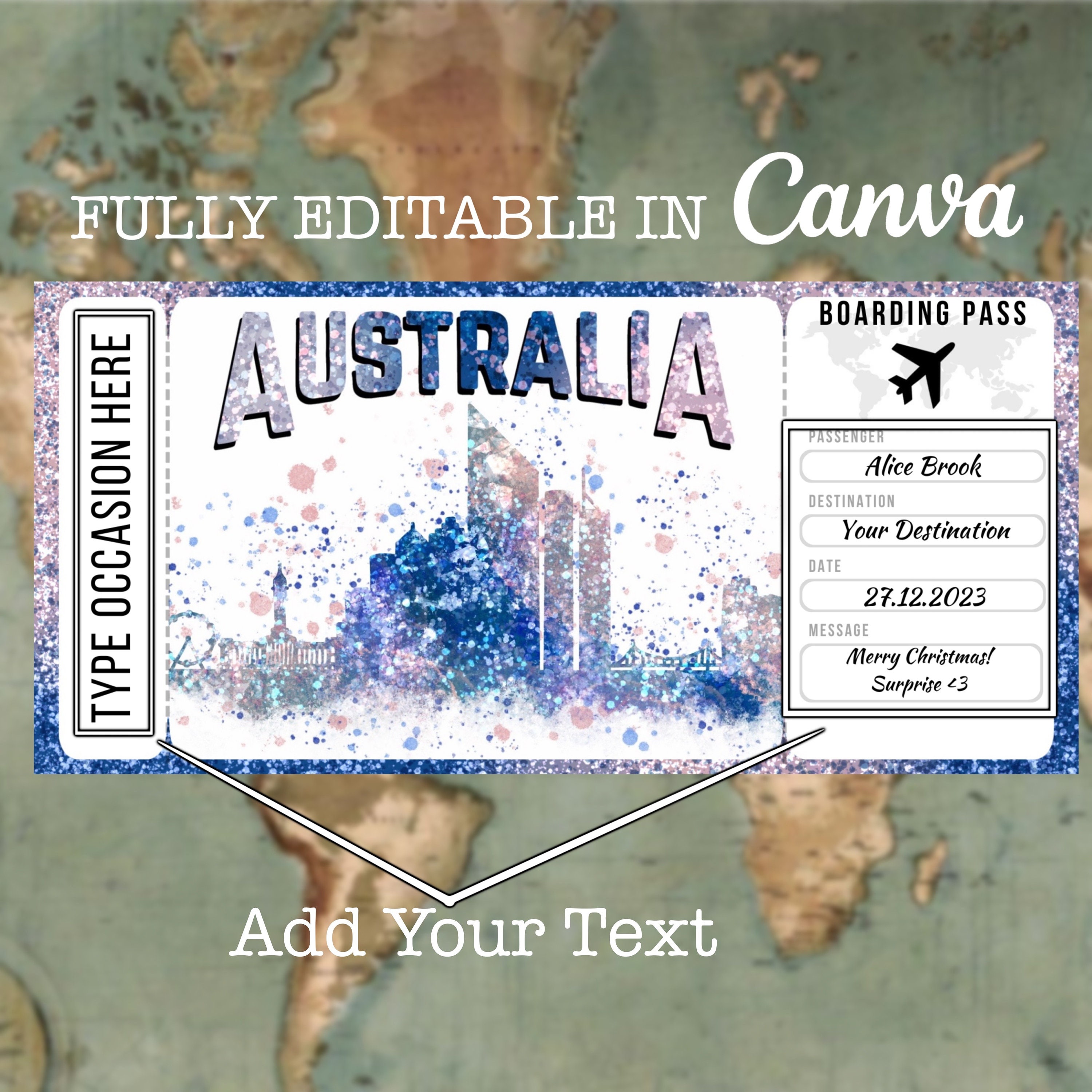 Australia Boarding Pass Surprise Editable Flight Ticket Gift, Australia ...