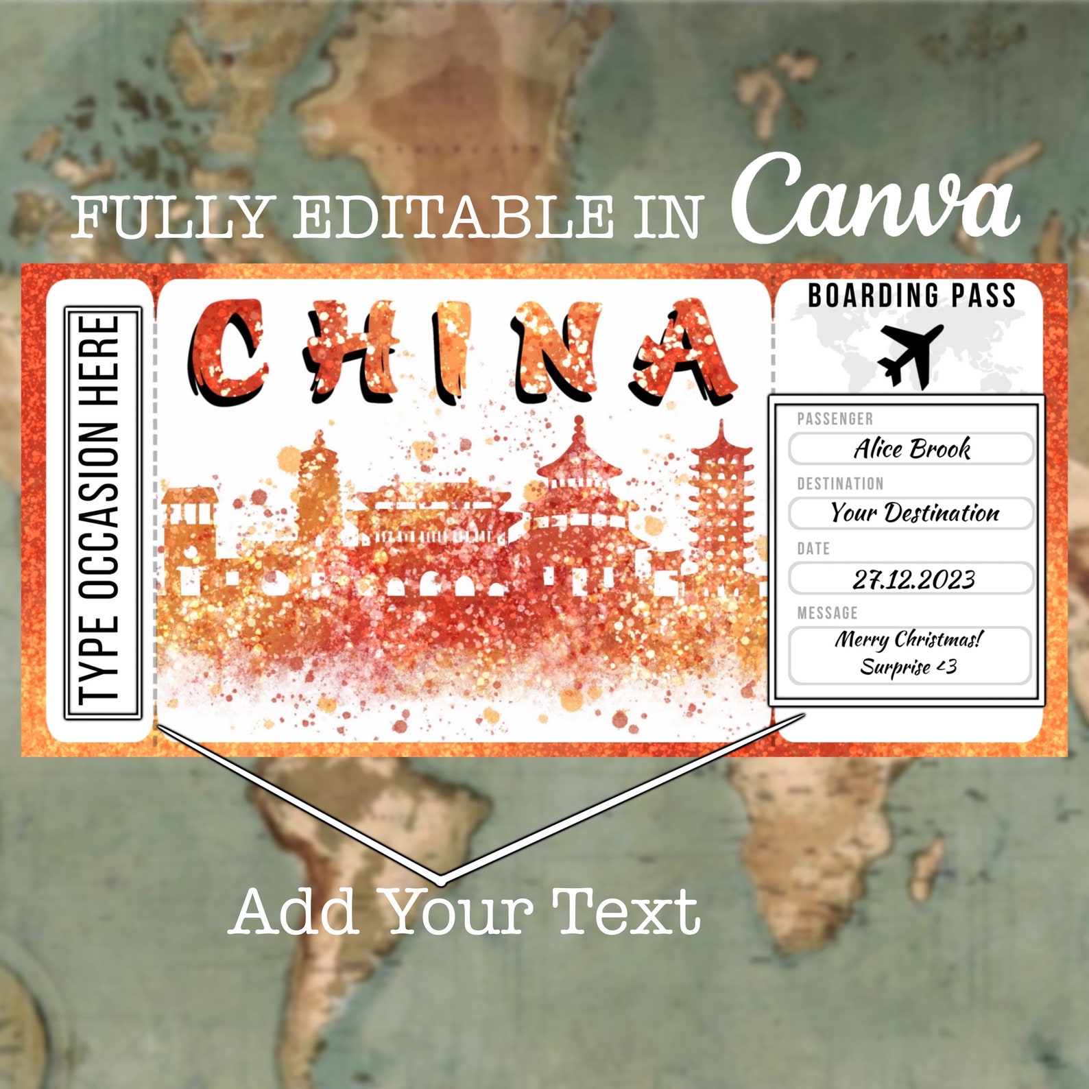 China Boarding Pass Surprise Editable Flight Ticket Gift, China Flight ...