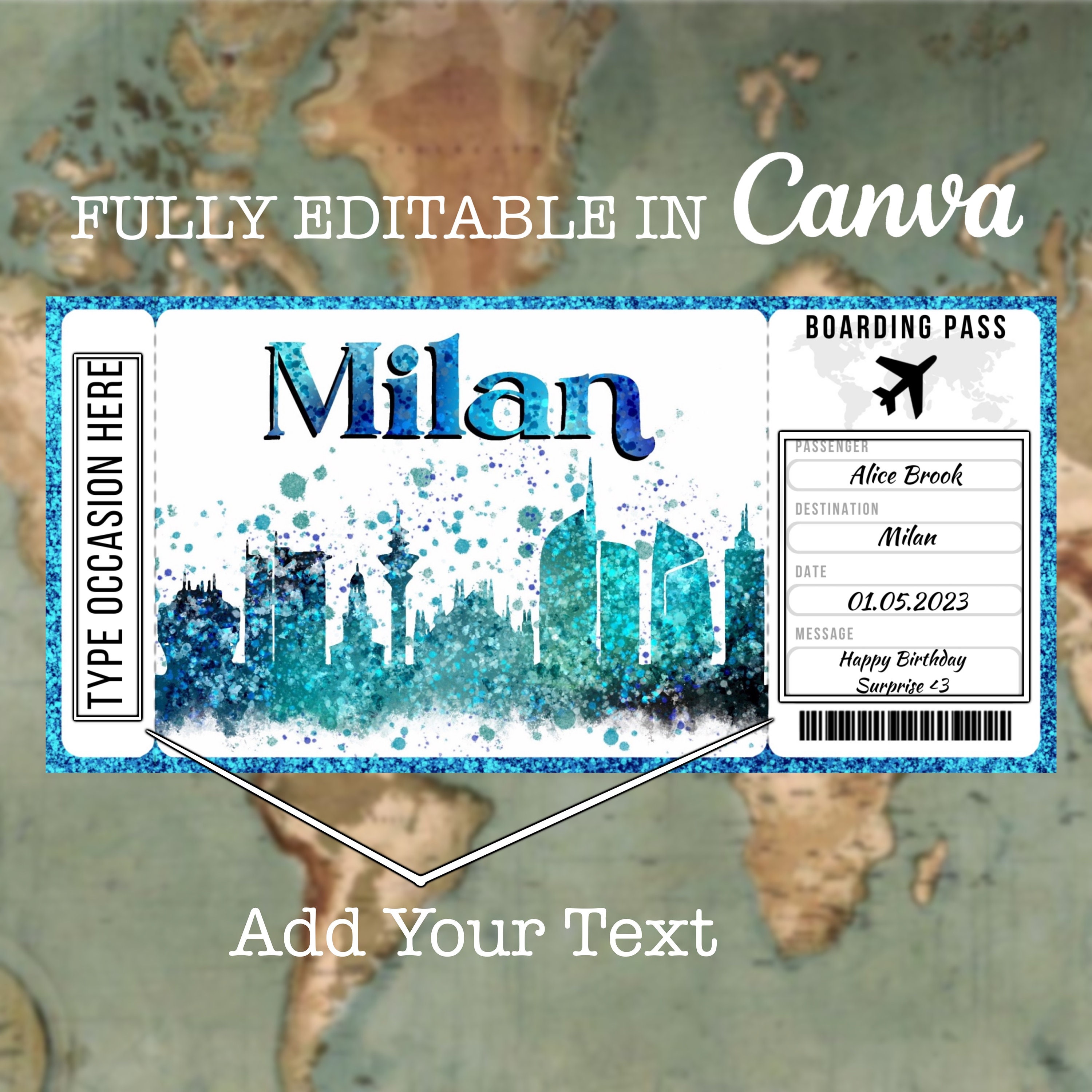 Milan Italy Boarding Pass Surprise Editable Flight Ticket Gift, Milan ...
