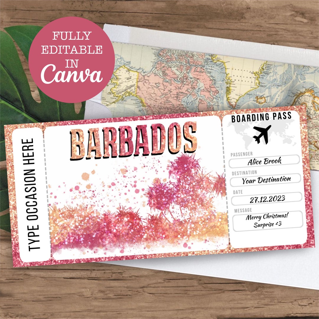 Barbados Boarding Pass Surprise Editable Flight Ticket T Barbados Flight Ticket Printable 2739