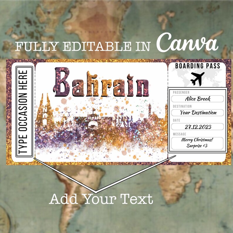 Bahrain Boarding Pass Surprise Editable Flight Ticket Gift, Bahrain ...