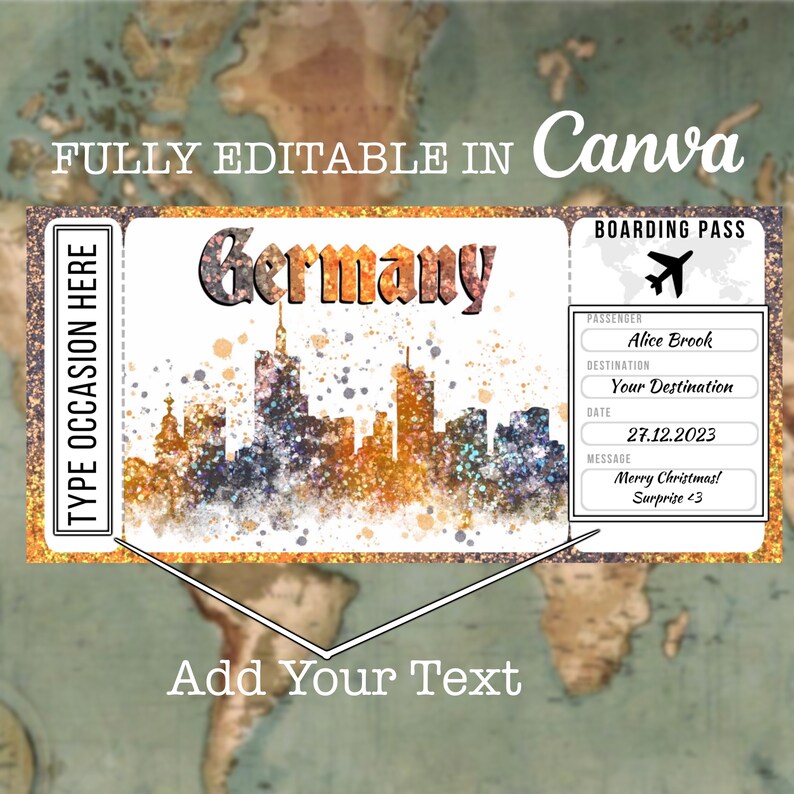 Germany Boarding Pass Surprise Editable Flight Ticket Gift, Germany ...