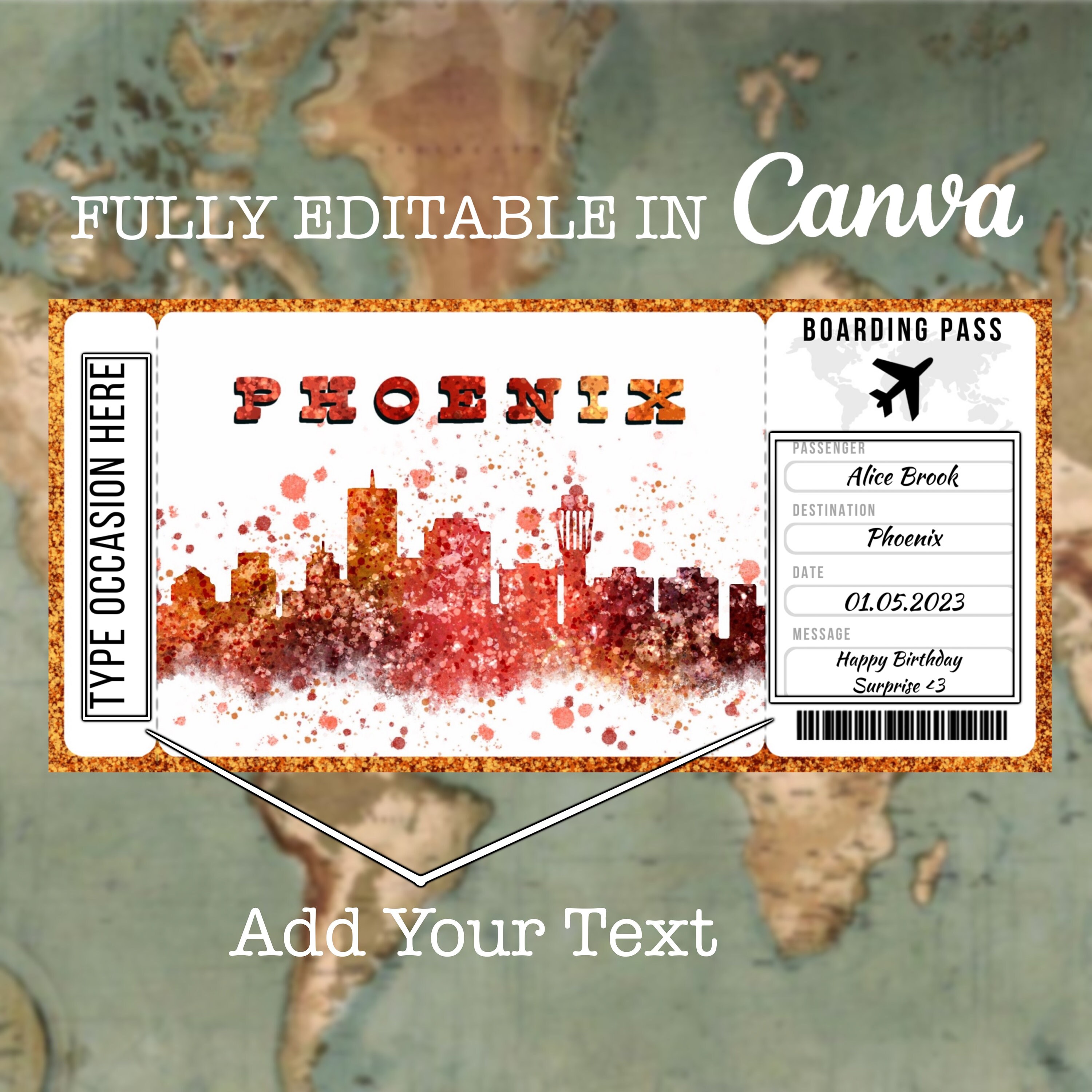 Phoenix Arizona Boarding Pass Surprise Editable Flight Ticket Gift ...