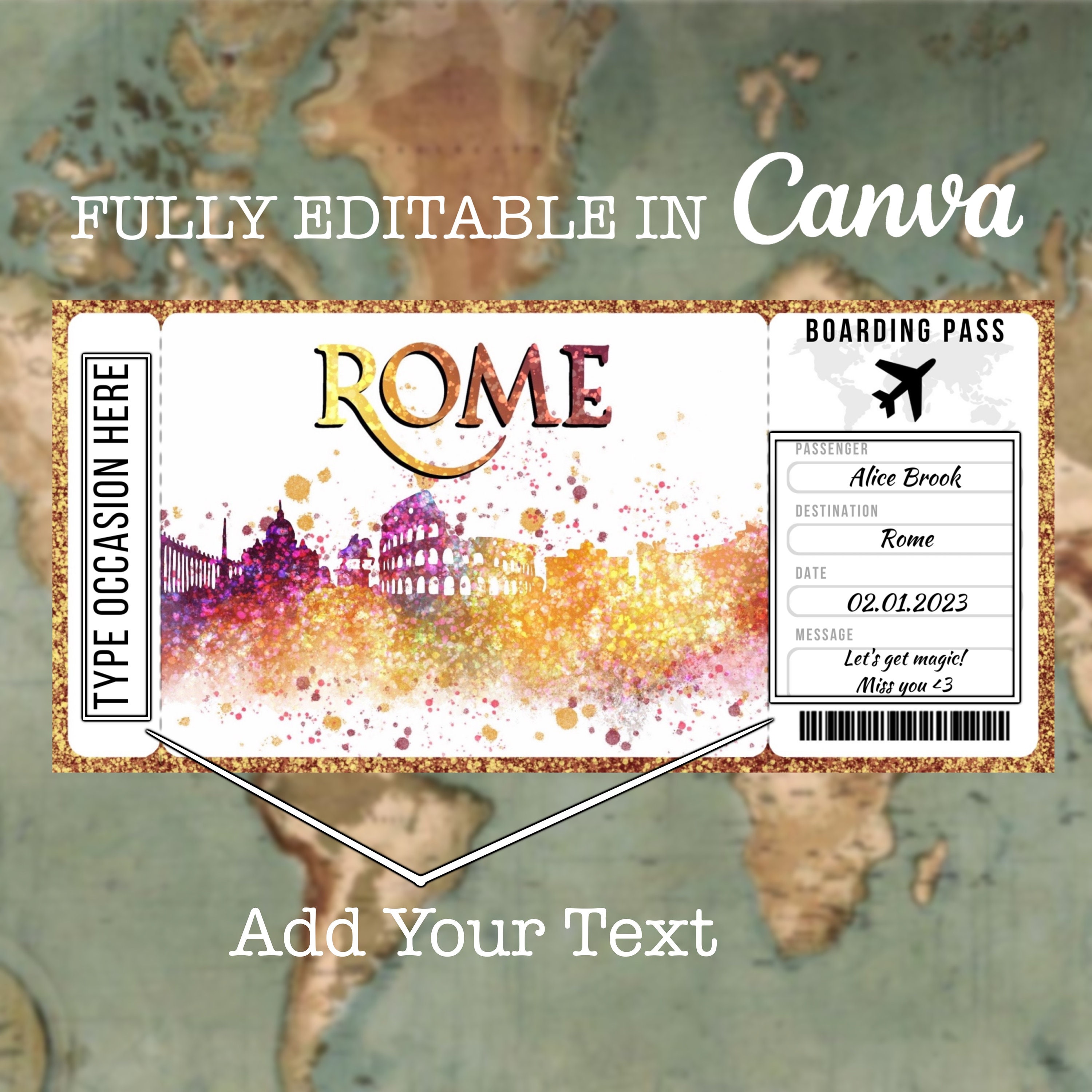 Rome Italy Boarding Pass Surprise Editable Gift Ticket, Rome Skyline ...