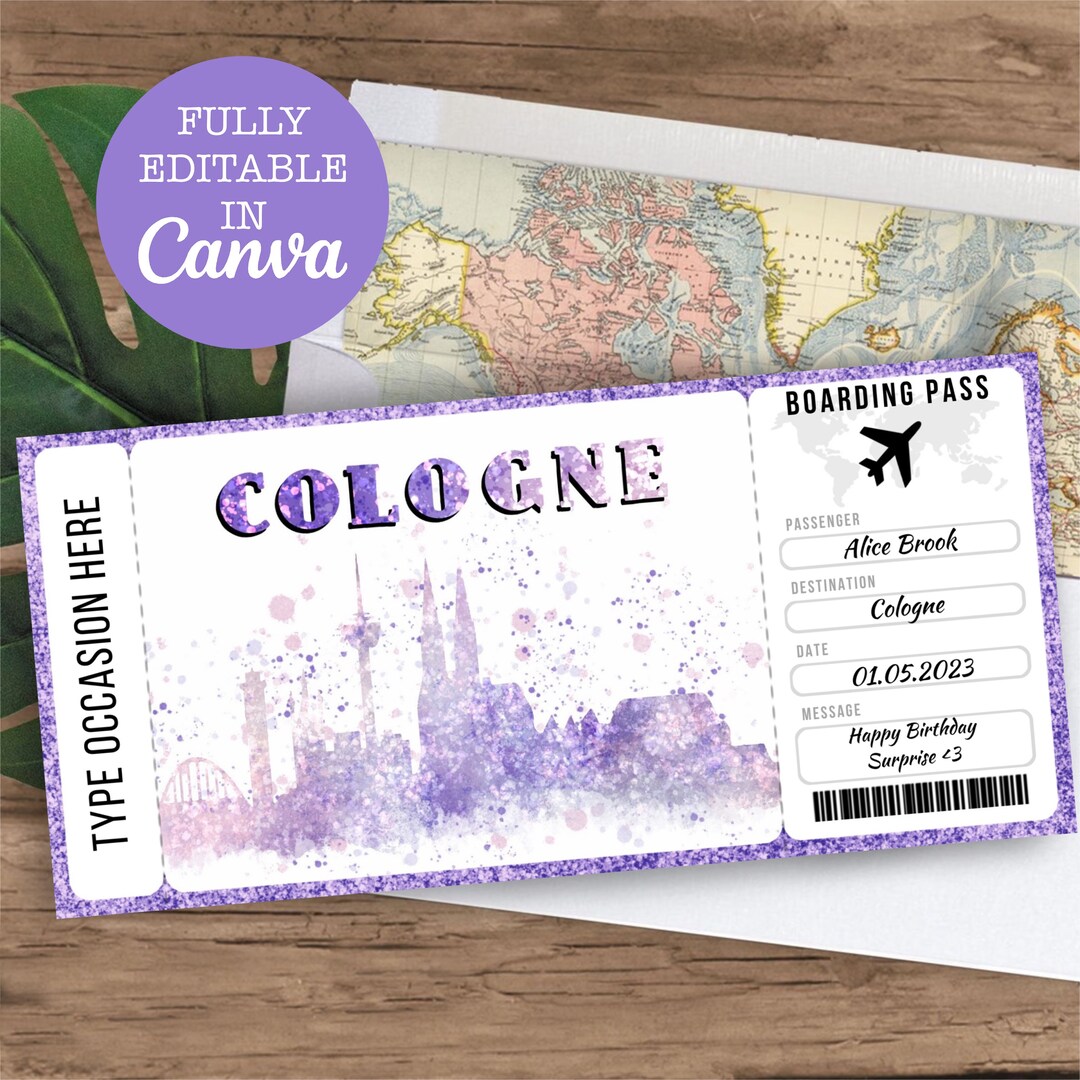 Cologne Germany Boarding Pass Surprise Editable Flight Ticket Gift ...