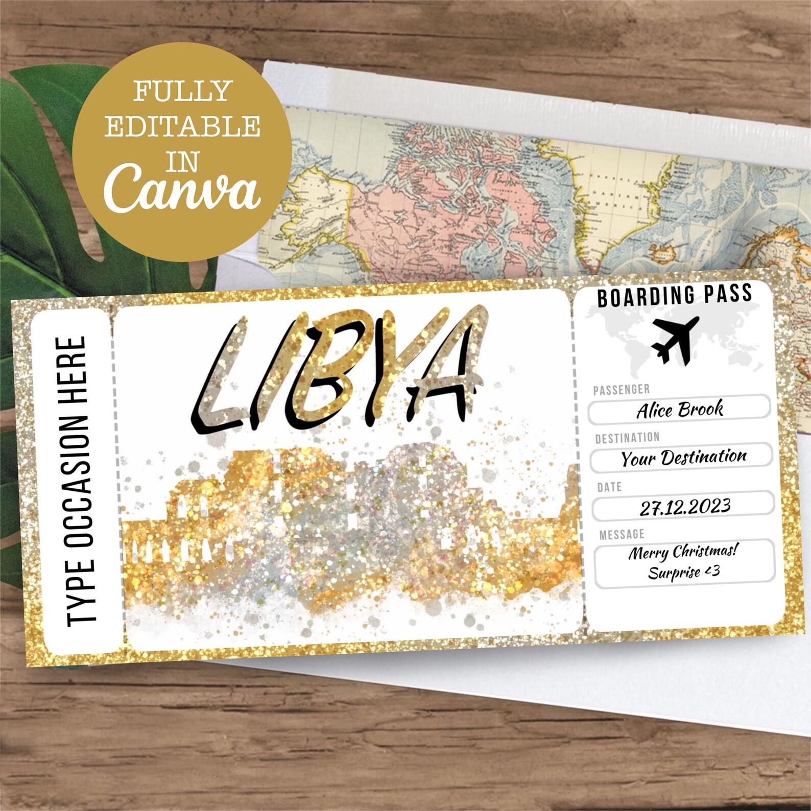 Libya Boarding Pass Surprise Editable Flight Ticket Gift, Libya Flight ...