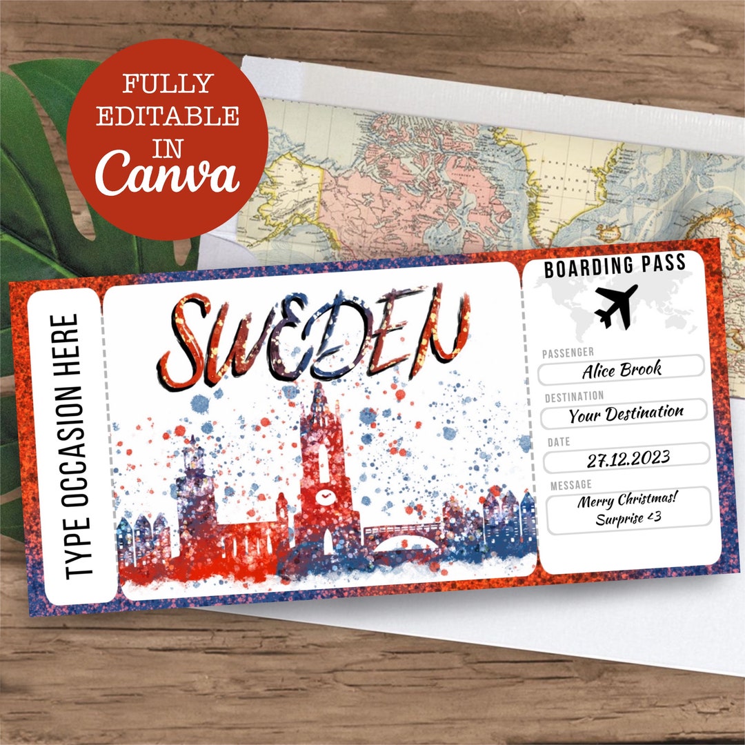 Sweden Boarding Pass Surprise Editable Flight Ticket Gift, Sweden ...