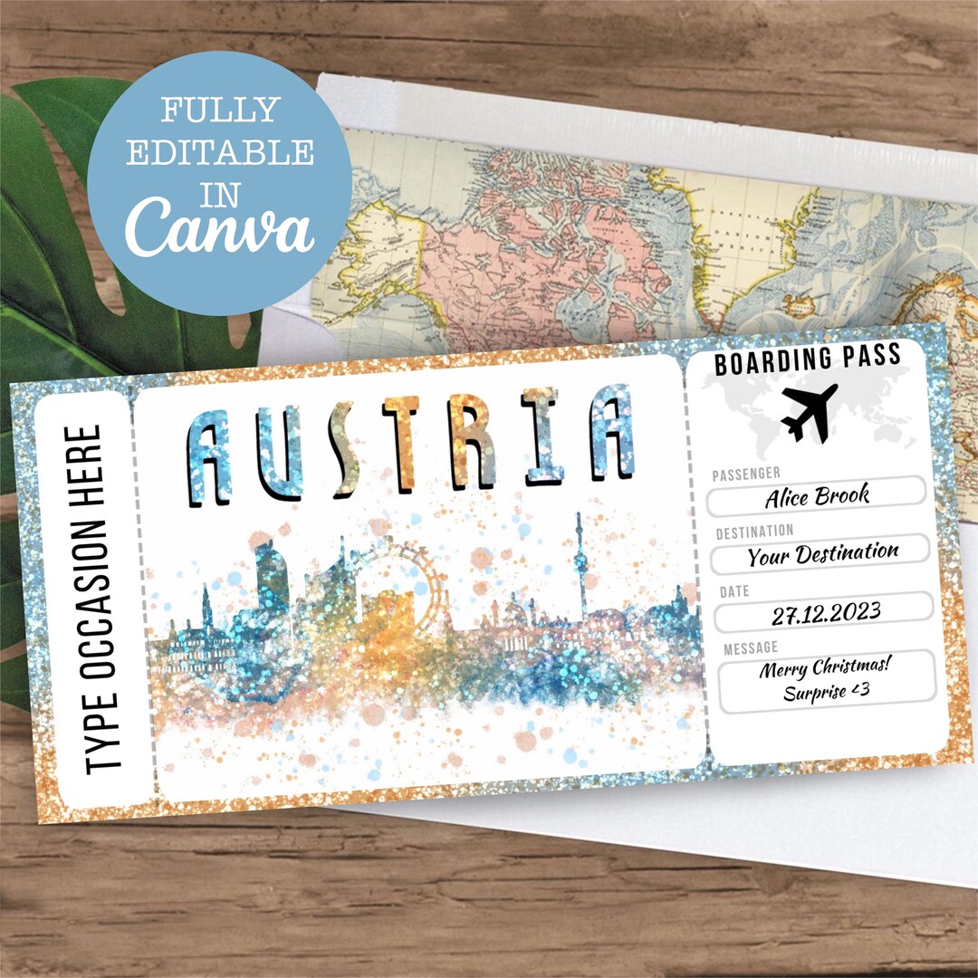 Austria Boarding Pass Surprise Editable Flight Ticket Gift, Austria ...