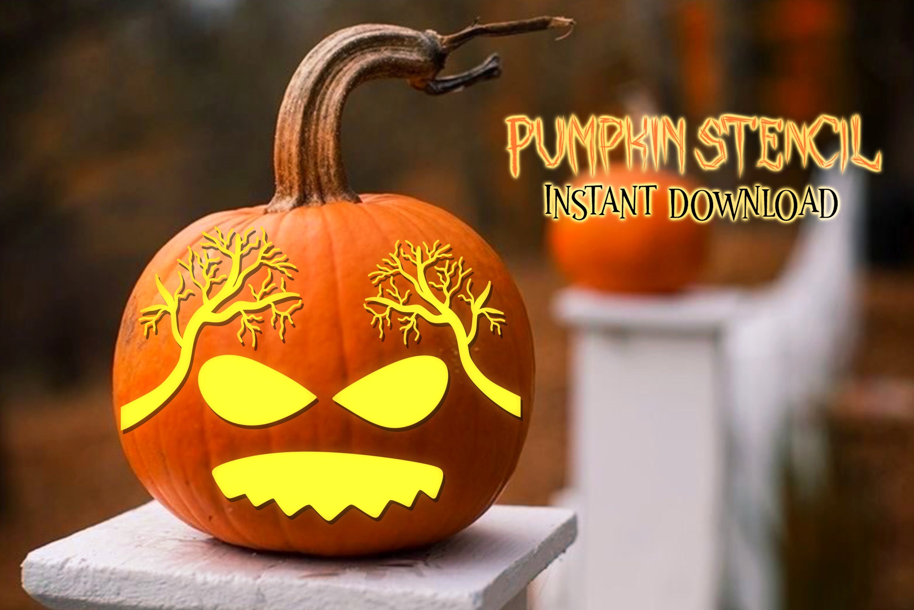 Scary Face and Tree Stencil, Printable Pumpkin Stencil, Pumpkin Scary ...