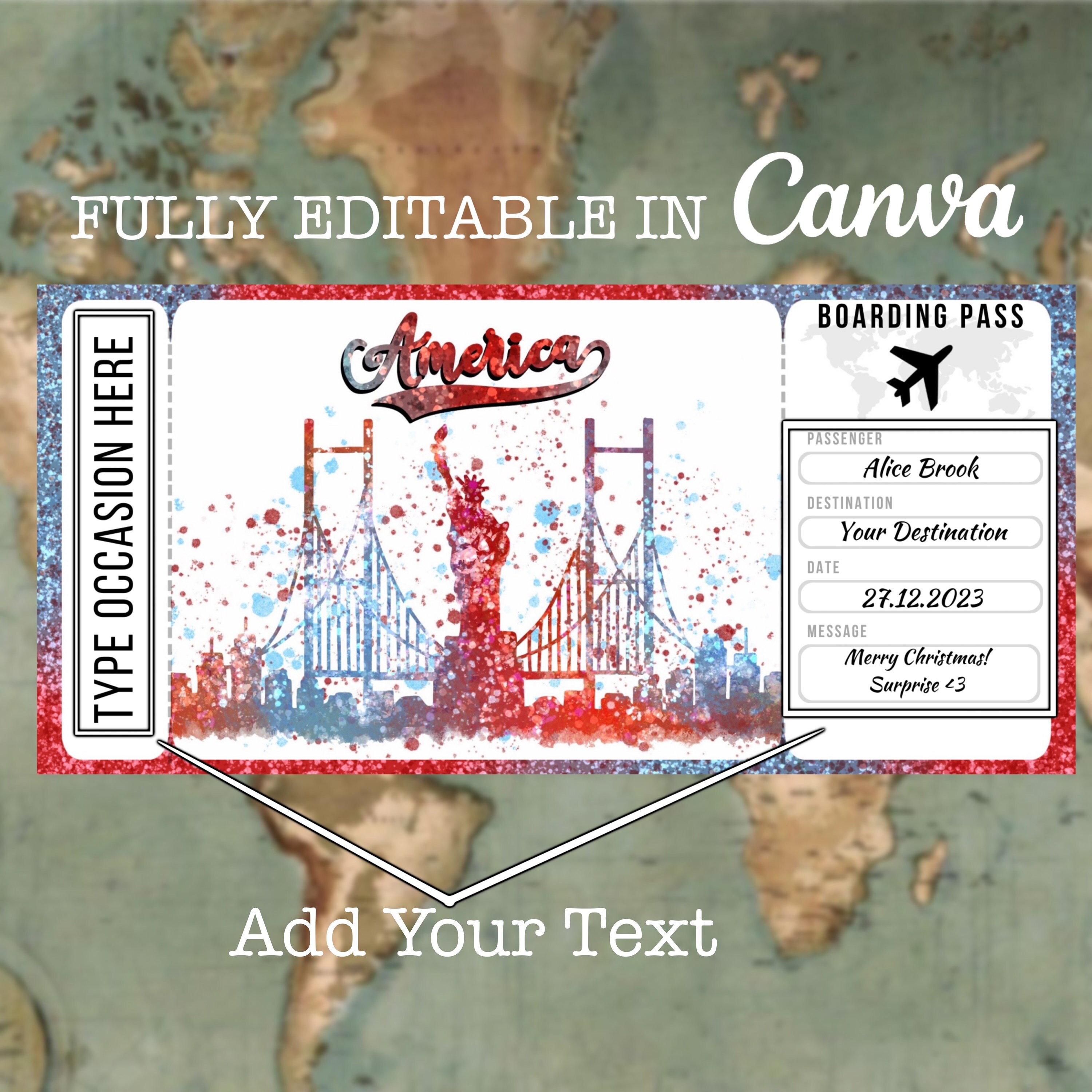 America USA Boarding Pass Surprise Editable Flight Ticket Gift, America ...