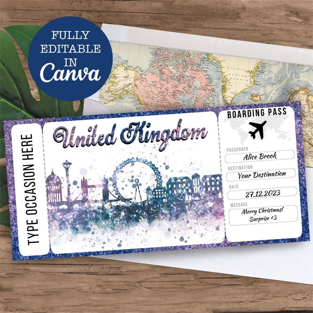 United Kingdom Boarding Pass Surprise Editable Flight Ticket Gift ...