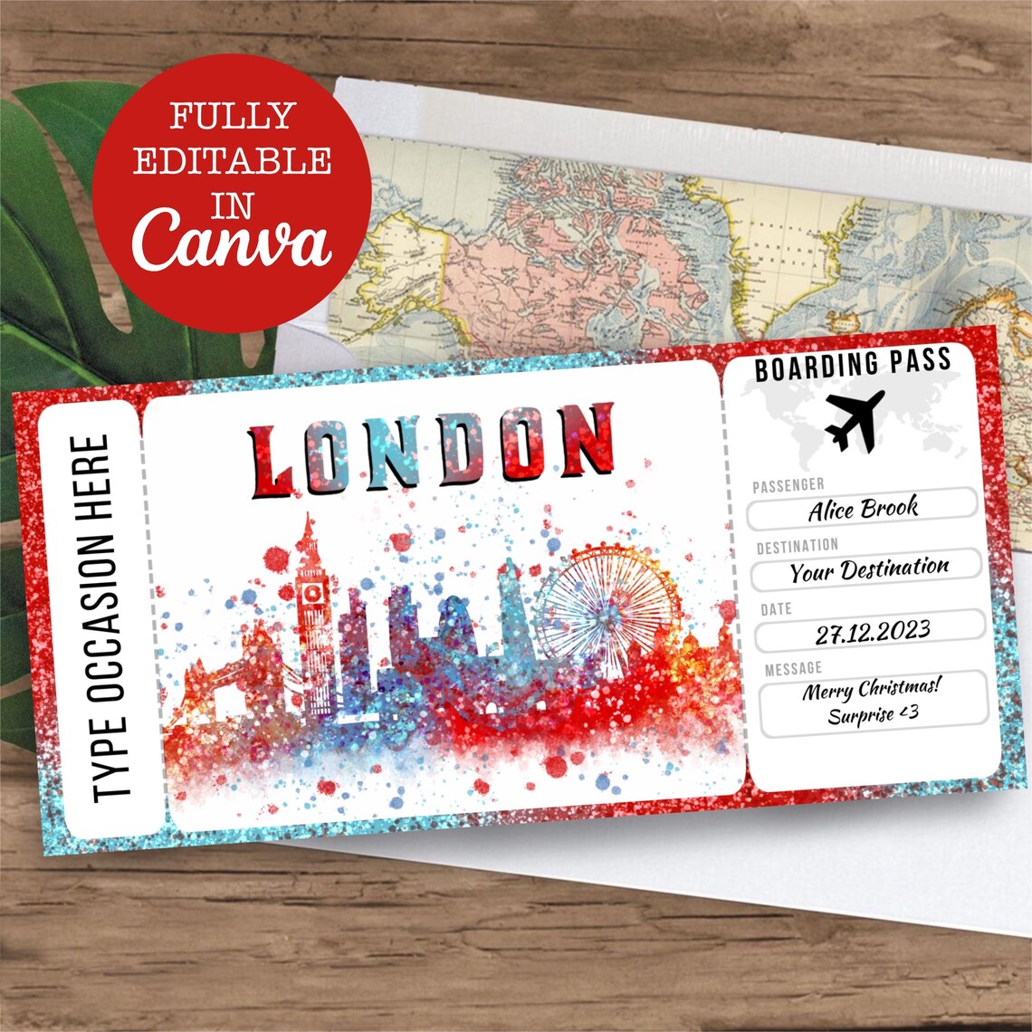 London England Boarding Pass Surprise Editable Flight Ticket Gift ...