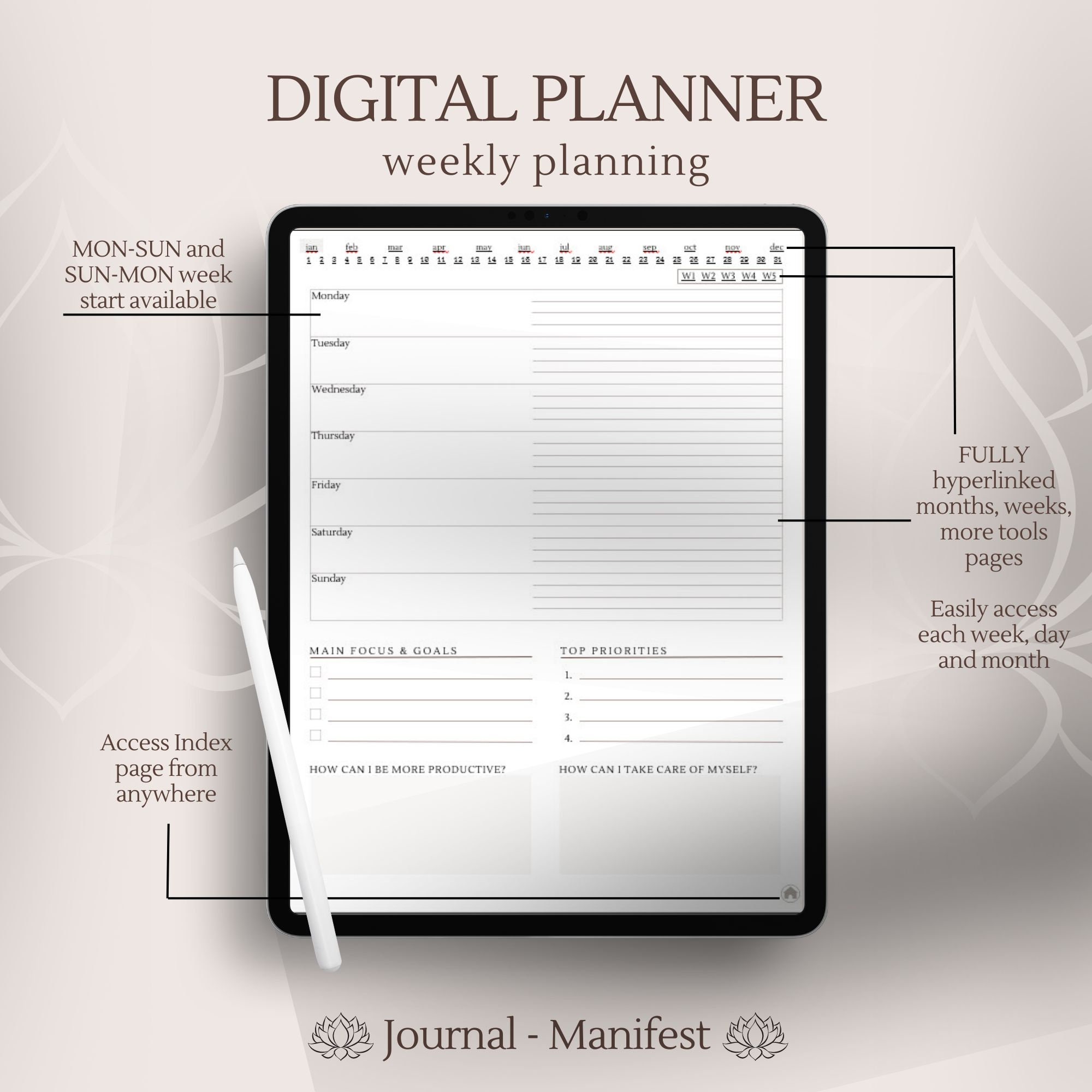 Undated Digital Planner 2024 2025 Daily Planner Hyperlinked ADHD ...