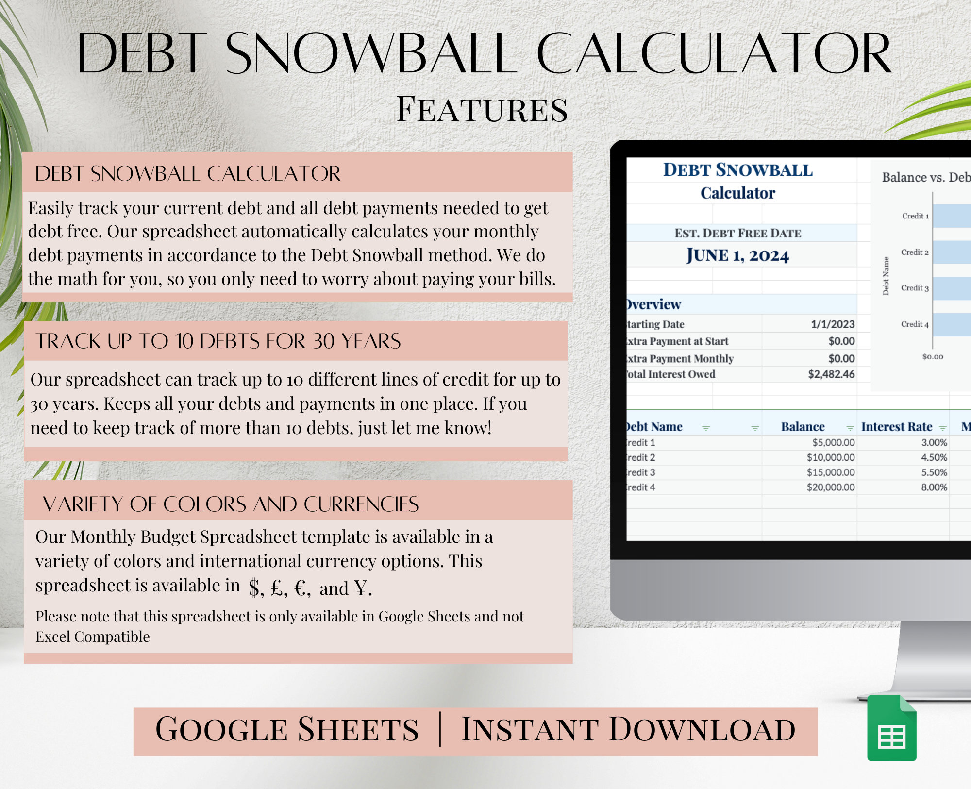 Debt Snowball Calculator Template, Multiple Colors Available, Debt ...