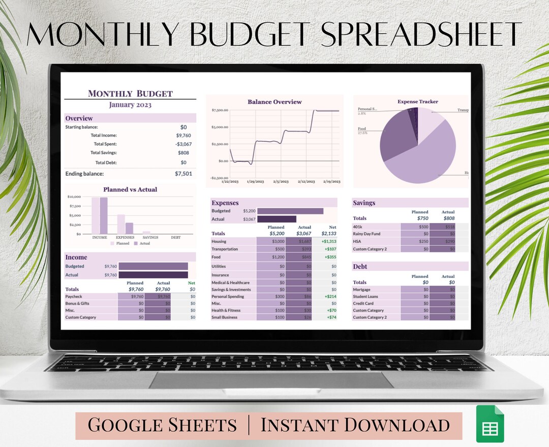 Monthly Budget Spreadsheet Template for Google Sheets purple Budget ...
