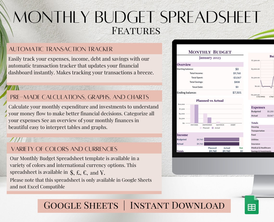 Monthly Budget Spreadsheet Template for Google Sheets purple Budget ...