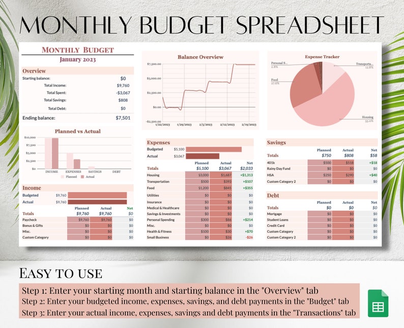 Monthly Budget Spreadsheet Template for Google Sheets, Multiple Colors ...