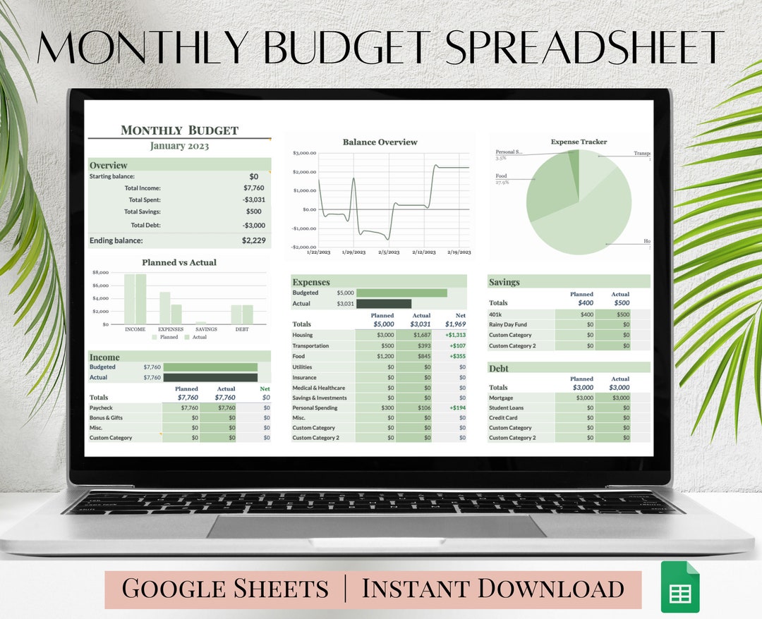 Monthly Budget Spreadsheet Template for Google Sheets green Budget ...