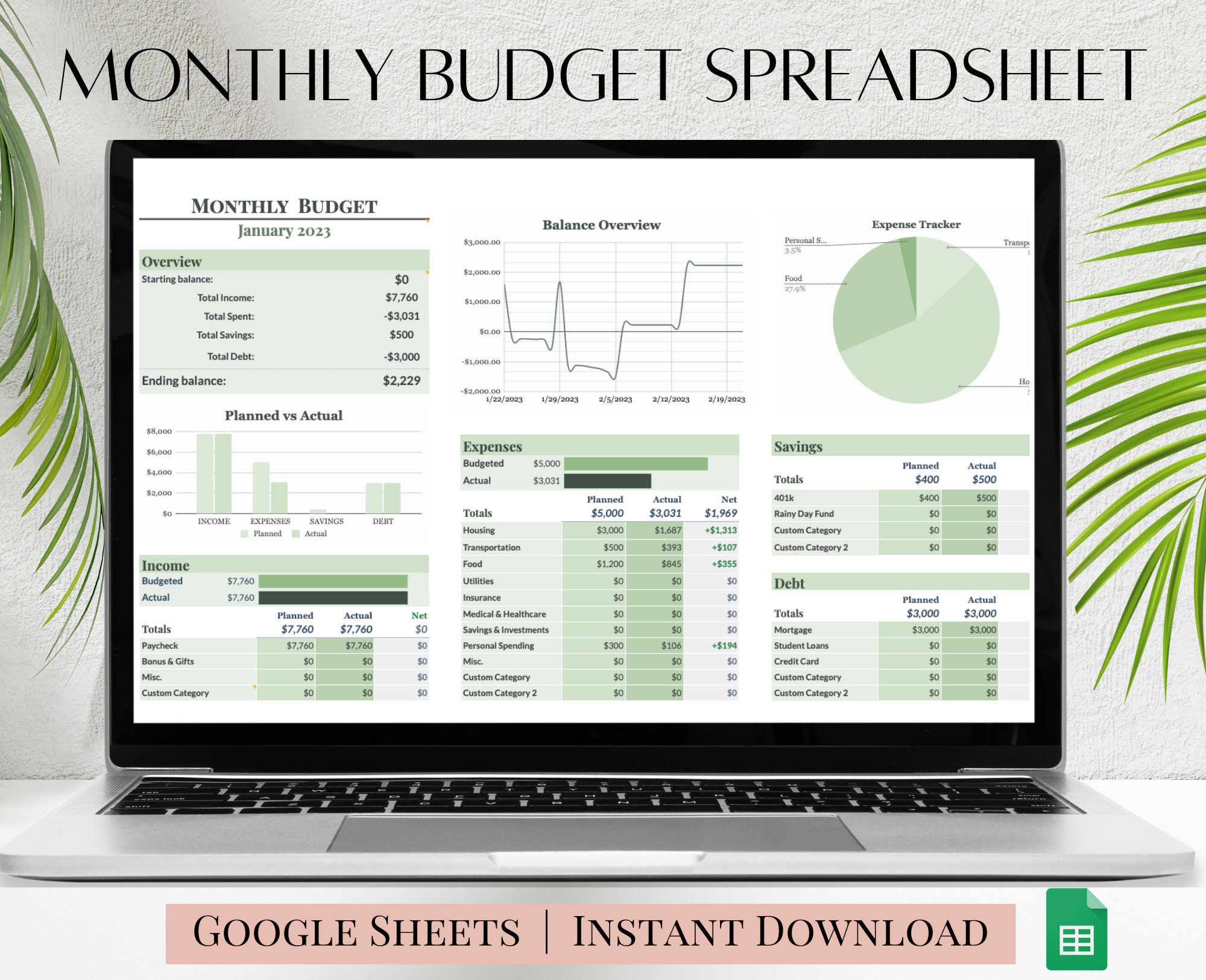 Monthly Budget Spreadsheet Template for Google Sheets green Budget ...