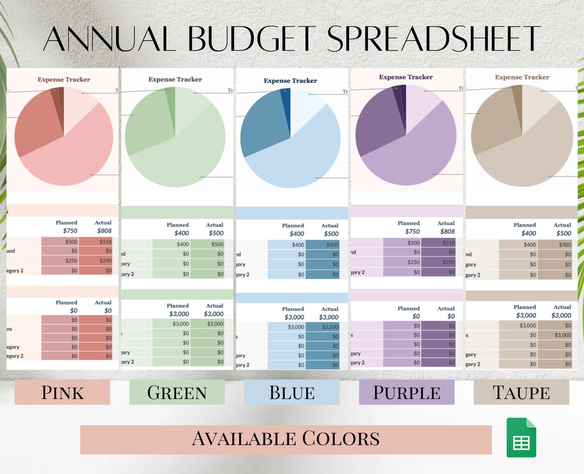 Annual Budget Spreadsheet Template for Google Sheets, Multiple Colors ...