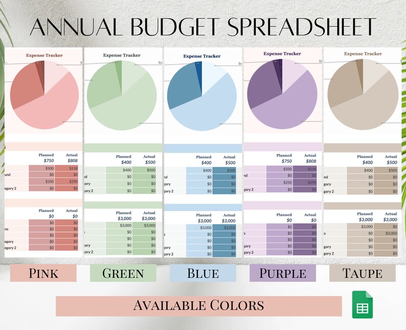 Annual Budget Spreadsheet Template for Google Sheets, Multiple Colors ...