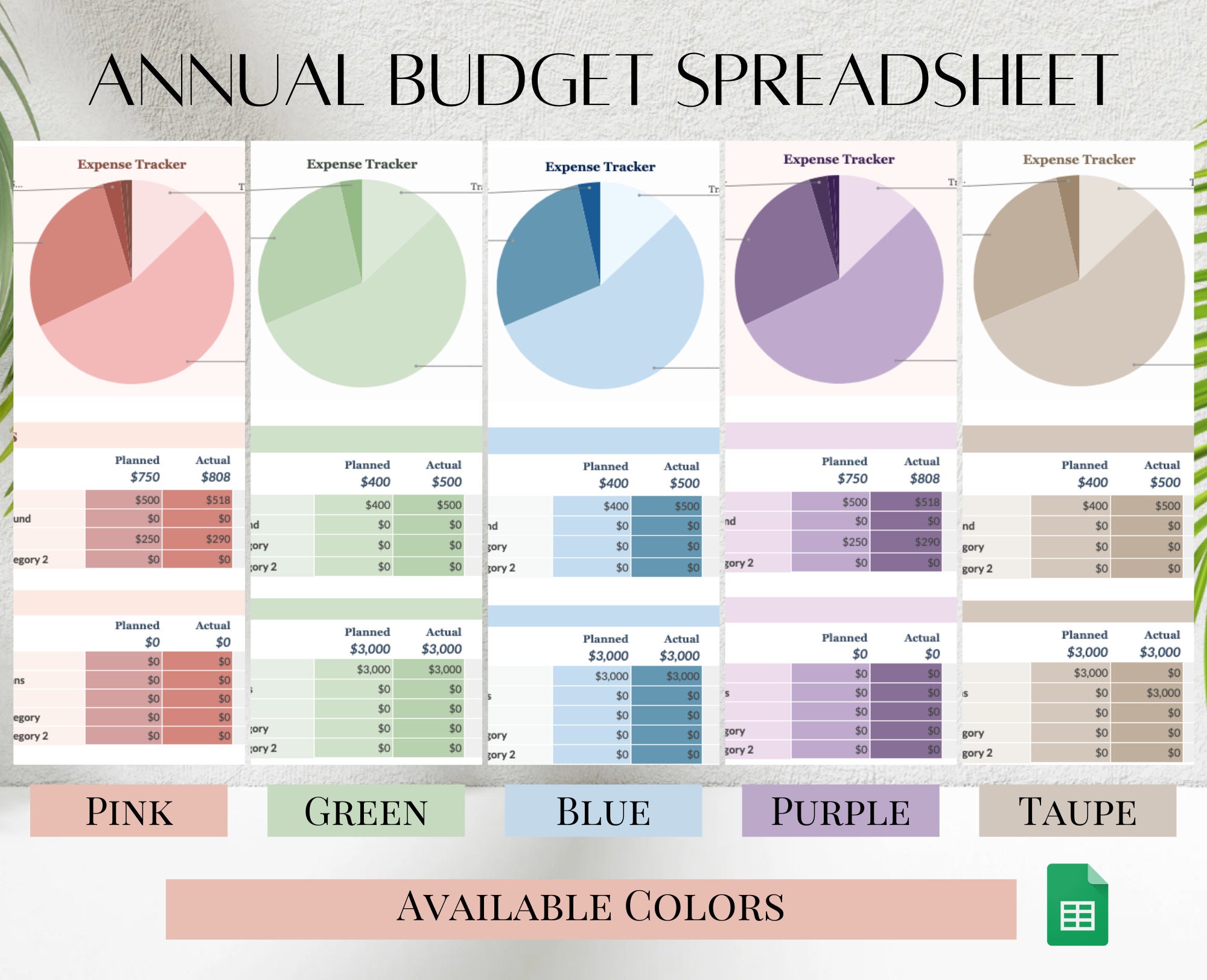 Annual Budget Spreadsheet Template for Google Sheets, Multiple Colors ...