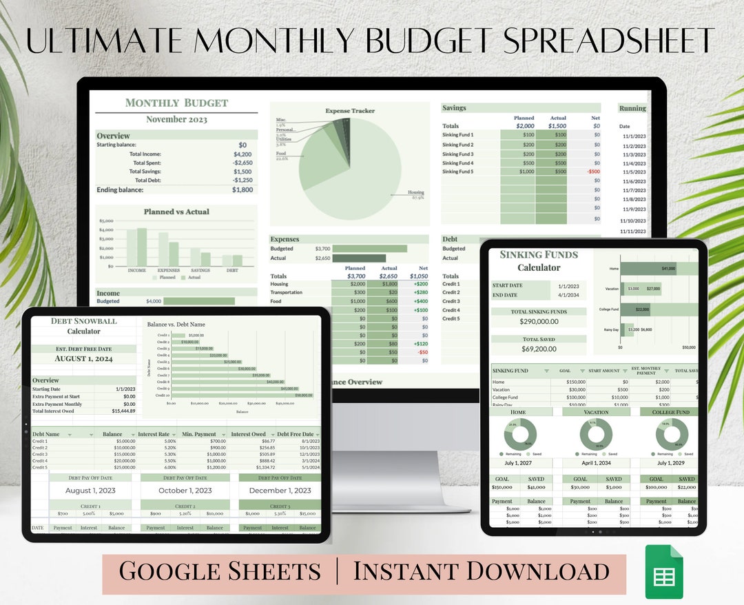 Ultimate Monthly Budget Spreadsheet for Google Sheets green, Budget ...