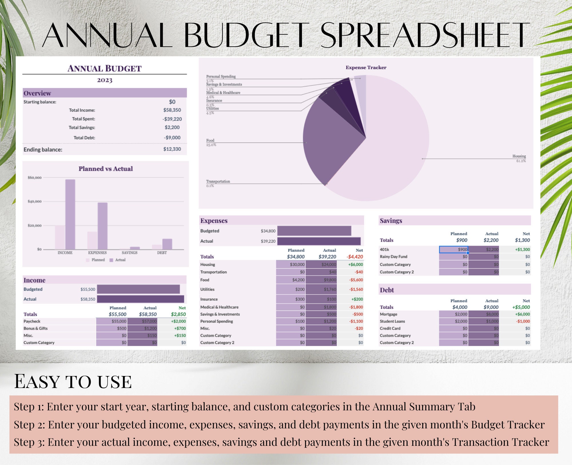 Annual Budget Spreadsheet Template for Google Sheets purple Annual ...