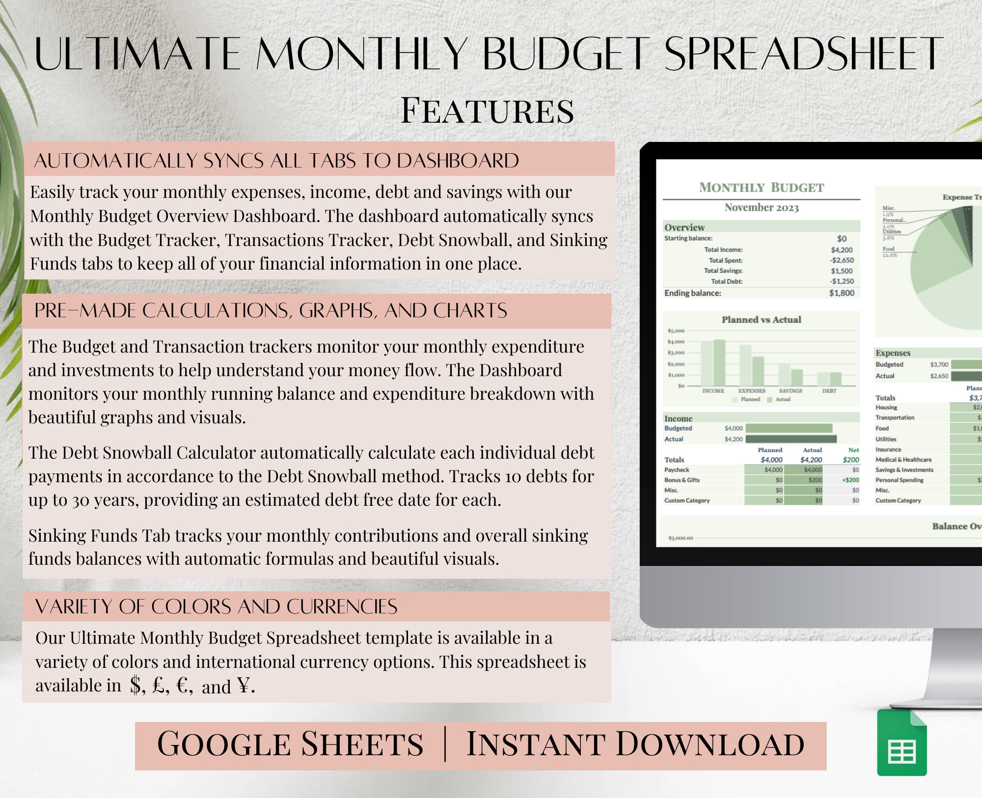 Ultimate Monthly Budget Spreadsheet for Google Sheets green, Budget ...