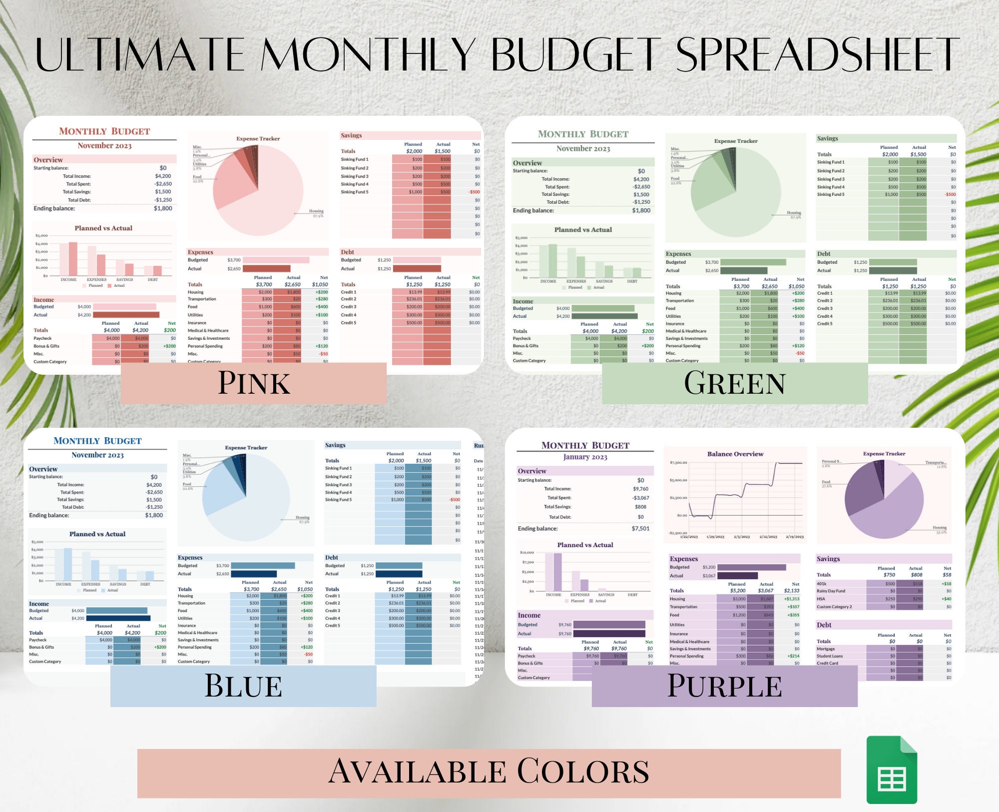 Ultimate Monthly Budget Spreadsheet for Google Sheets green, Budget ...