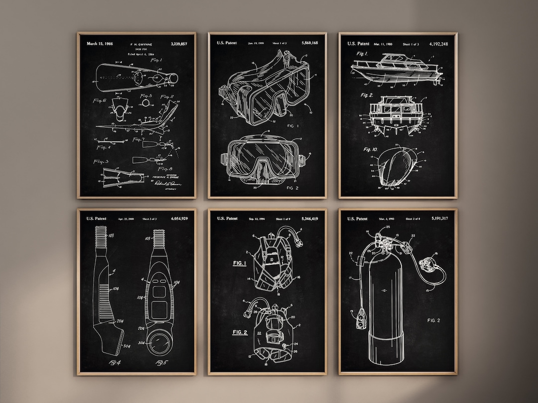 Diving Patent Prints, Set of 6, Diving Wall Art, Diving Mask Blueprint ...