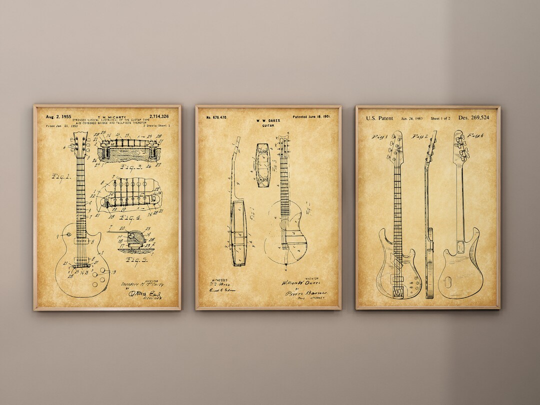 Guitar Patent Prints, Set of 3, Classical Guitar Patent Print, Acoustic ...