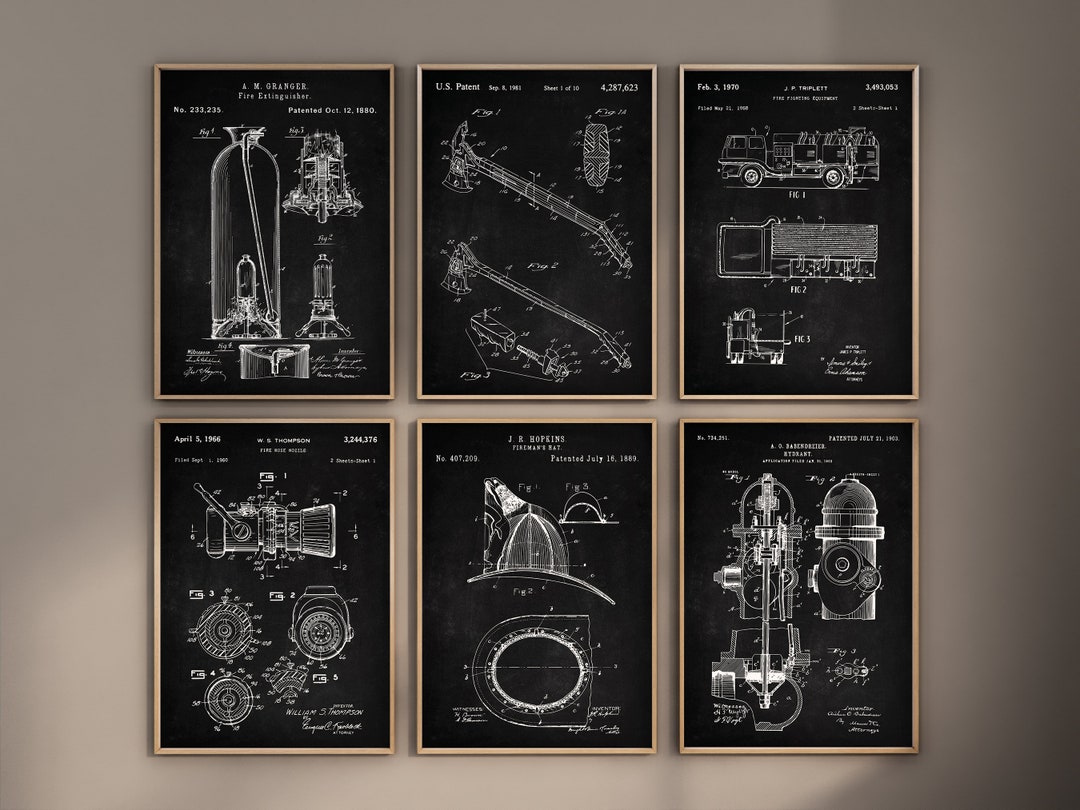 Firefighter Patent Prints: Chalkboard Blueprint Art, Set of 6 (digital ...