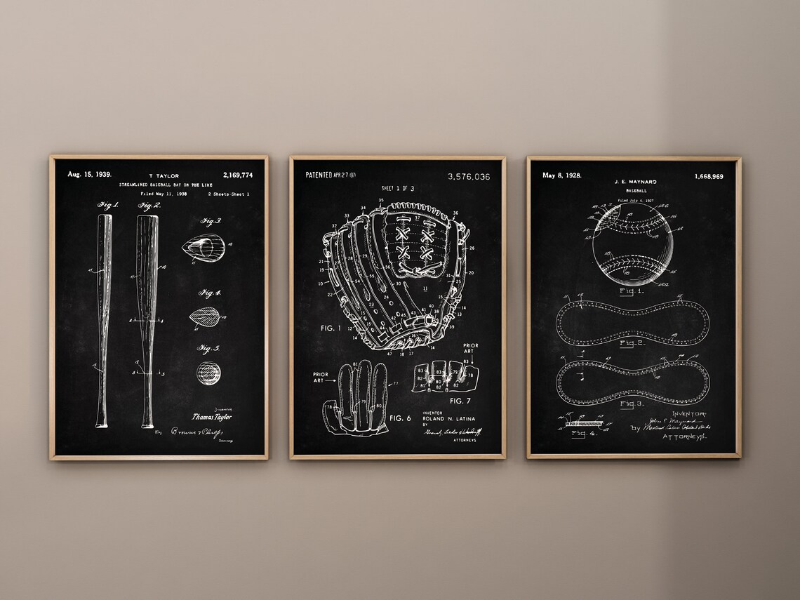 Baseball Patent Prints, Set of 3, Baseball Prints, Baseball Wall Art ...