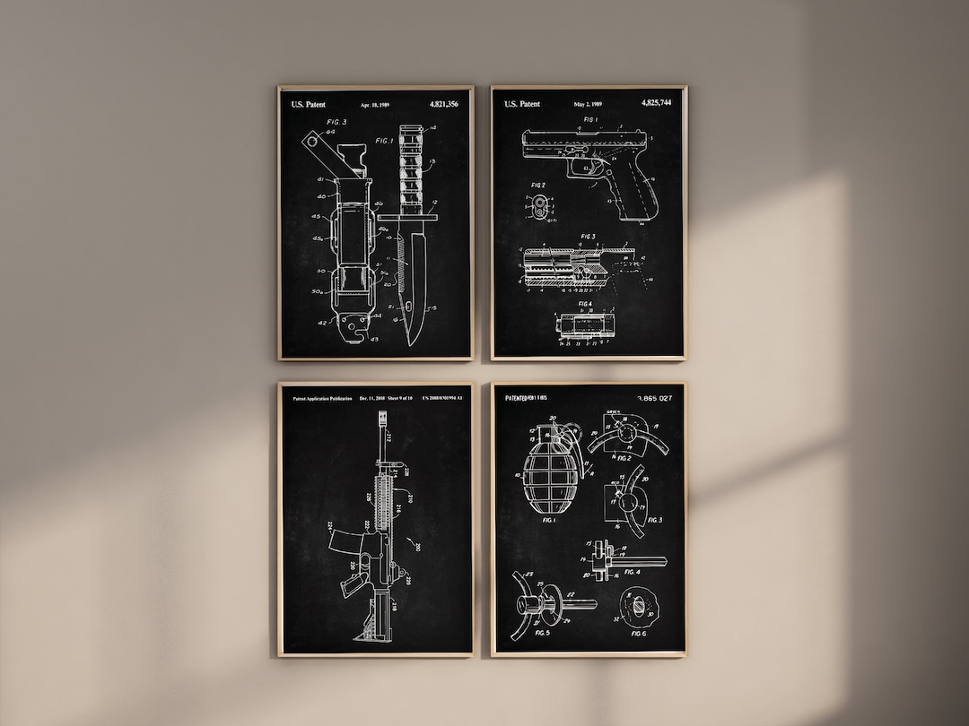 Military Equipment Patent Prints, Set of 4, Pistol Print, Army Wall Art ...