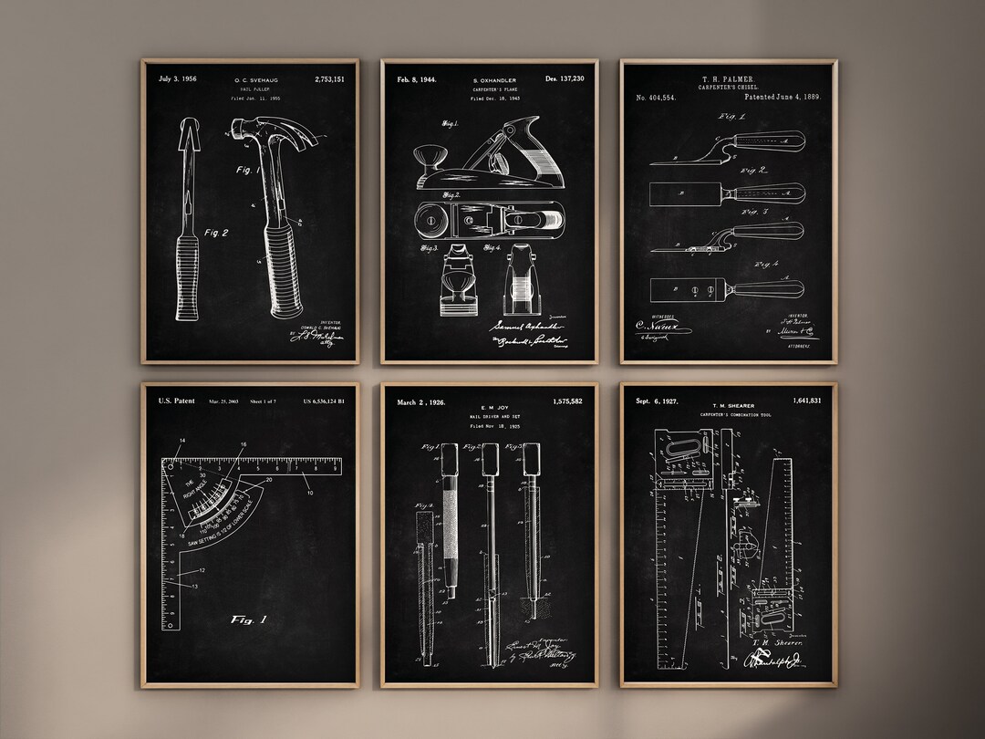 Workshop Tools Patent Prints, Set of 6, Hammer Print, Carpenter's Wall ...