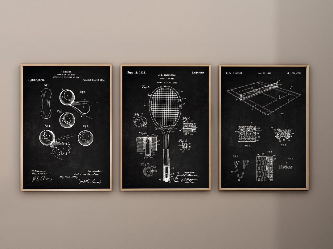 Tennis Patent Prints, Set of 3, Tennis Wall Art, Tennis Racket Print ...