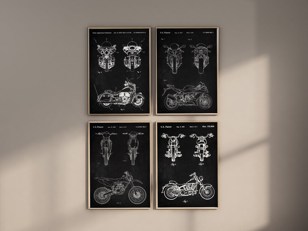 Motorcycle Patent Prints, Set of 4, Motorbike Wall Art, Motorcycle ...