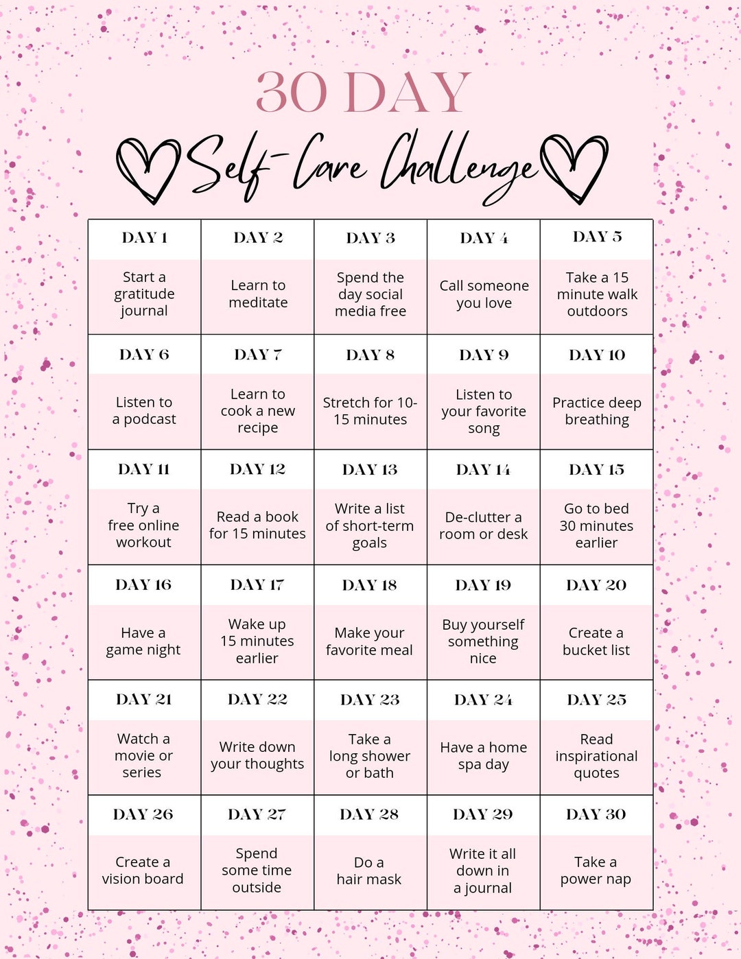 Digital/printable Pink Lovers 30 Day Self Care Challenge Page - Etsy
