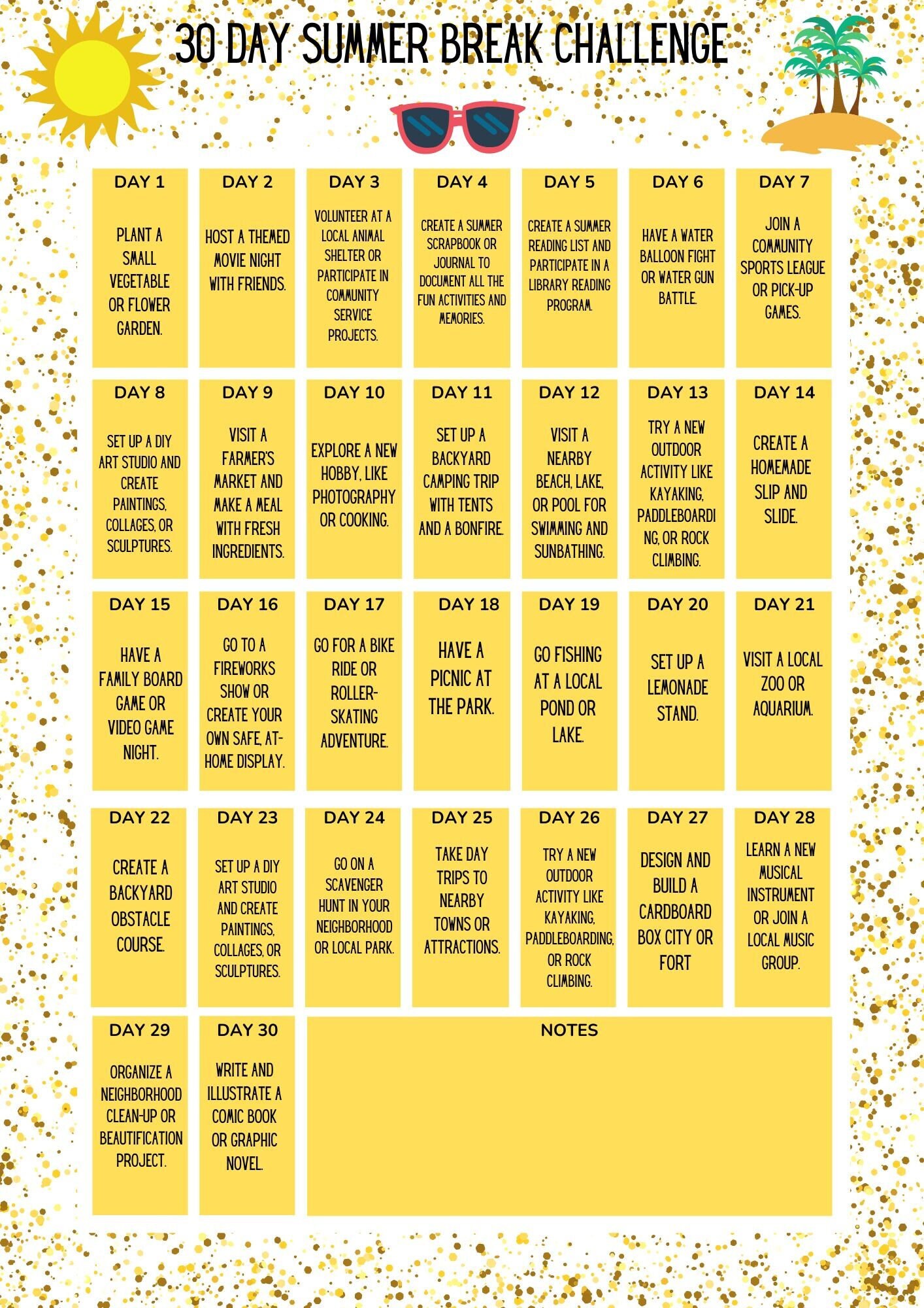 30 Day Summer Break Challenge Calendar Digital Download - Etsy