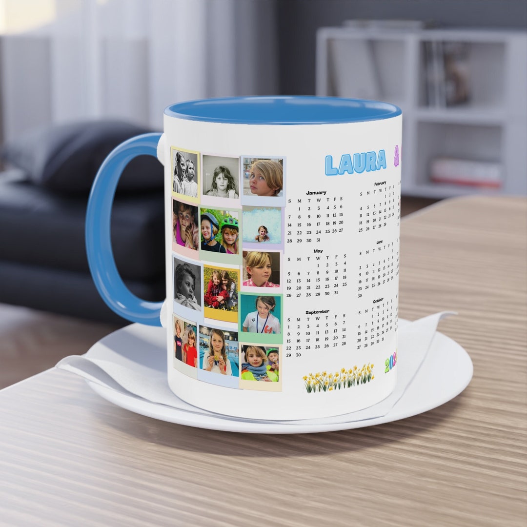Custom Mug Delight: Photo Collage Calendar and Month Flowers - Etsy