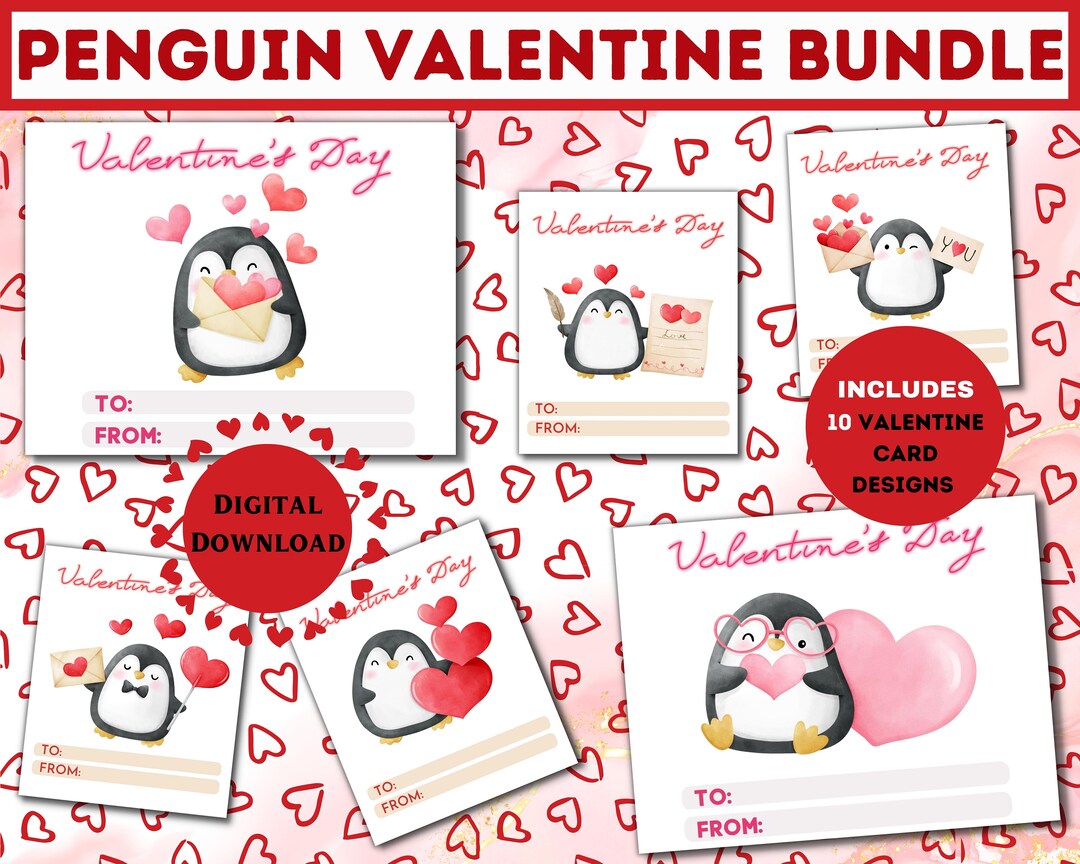 Cute Penguin Valentine's Day Card Bundle Pack With Pink & Red Hearts - Etsy