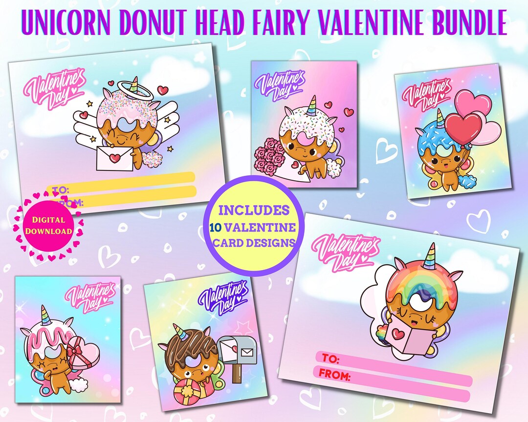 Unicorn Donut Head Fairy Valentine's Day Cards Pack Bundle, 10 Designs ...