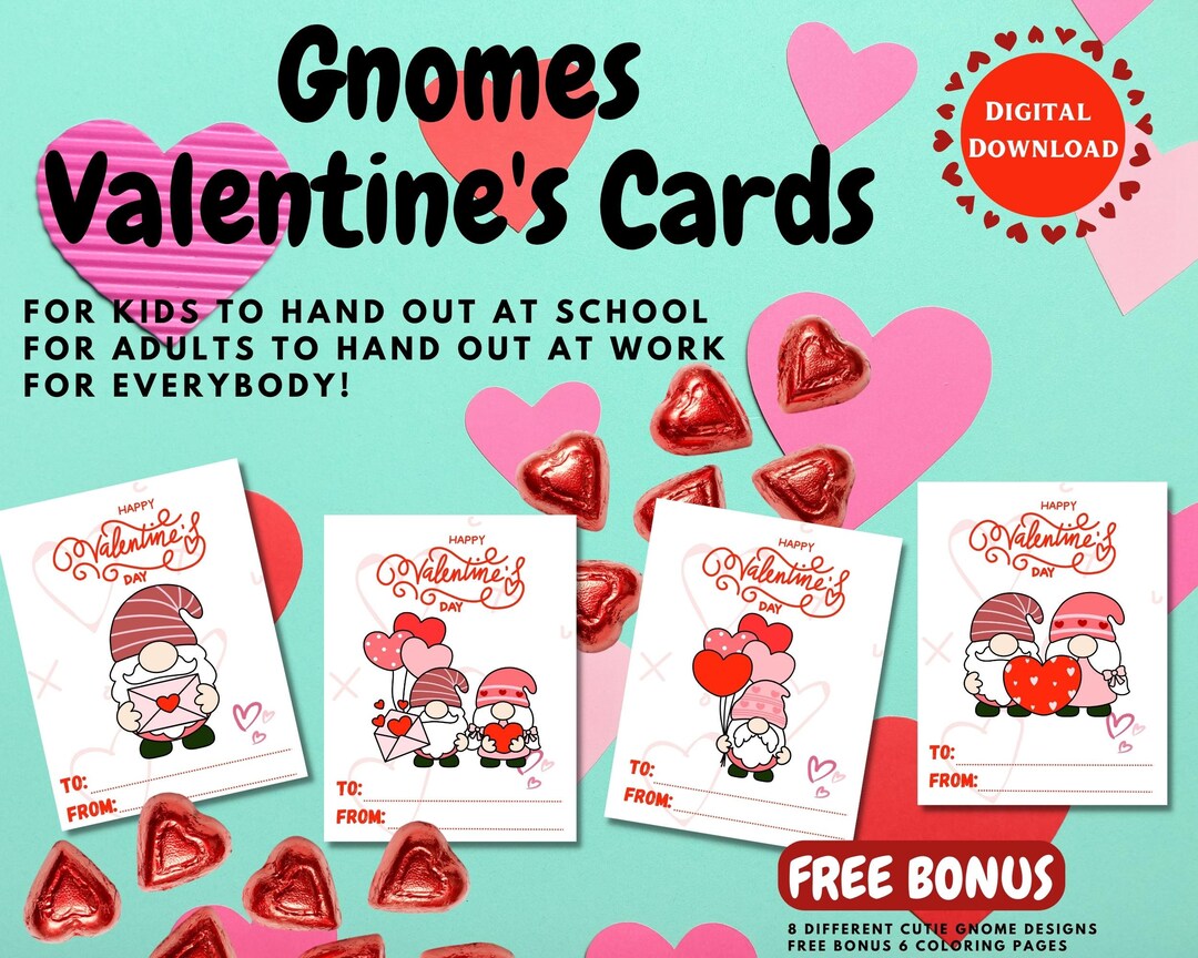 Cute Gnomes Valentine's Day Cards, 8 Designs and FREE BONUS 6 Coloring ...