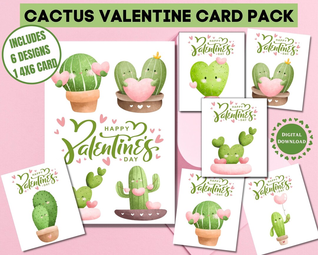 Cute Cactus Valentine's Day Card Bundle Pack - Etsy
