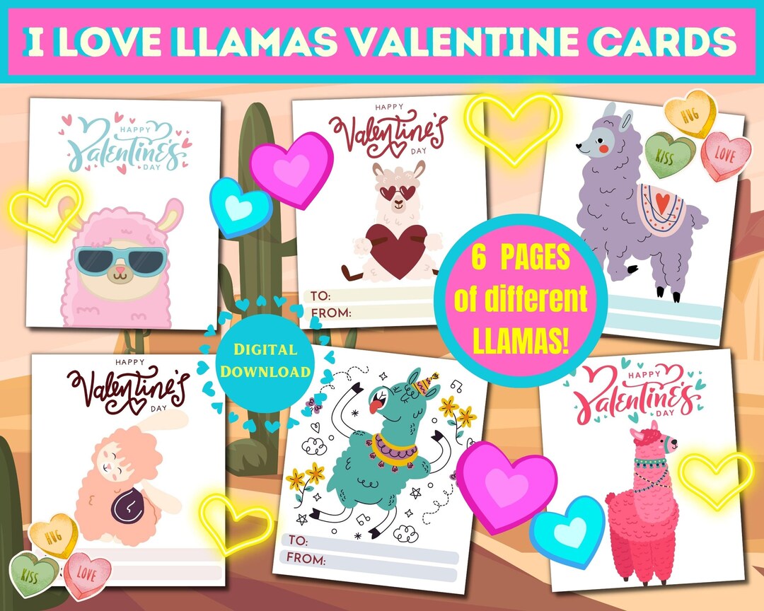 I LOVE LLAMAS Valentine's Day Card Bundle Pack, 6 Different Art Styles ...