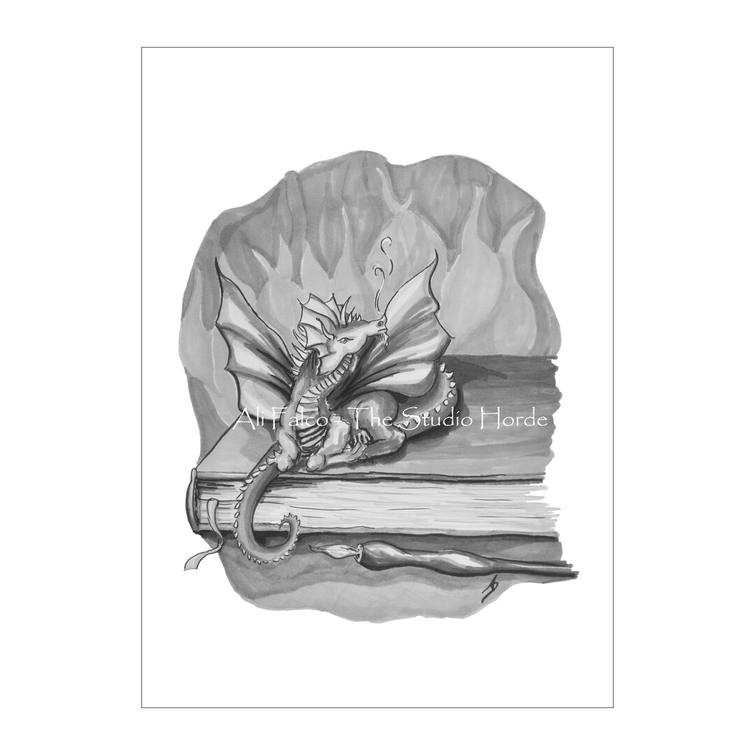Book Wyrm Original Drawing Art Print by Ali Falco - Cute Dragon Library ...
